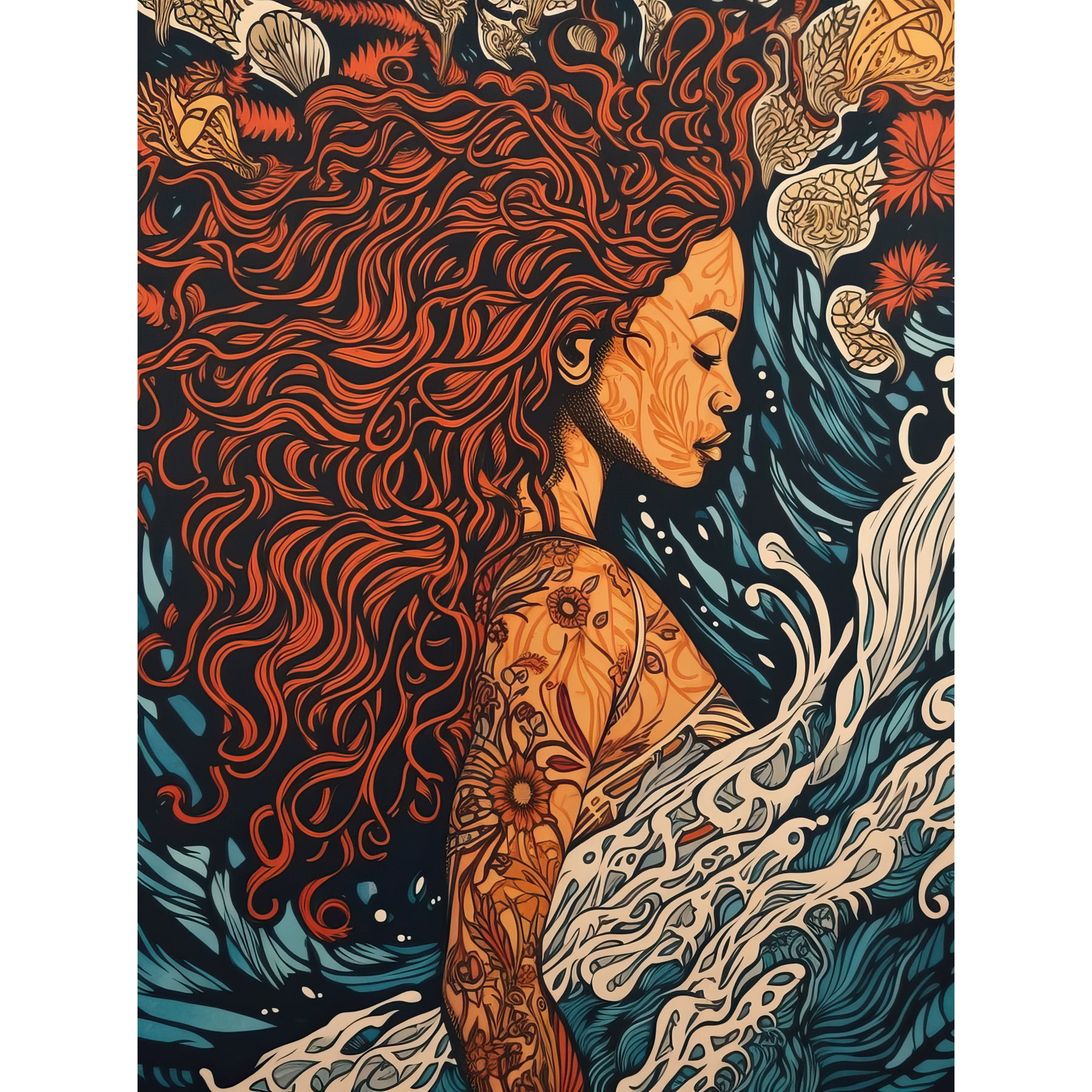 Sea Water Nymph Modern Art Nouveau Linocut Unframed Wall Art Print ...