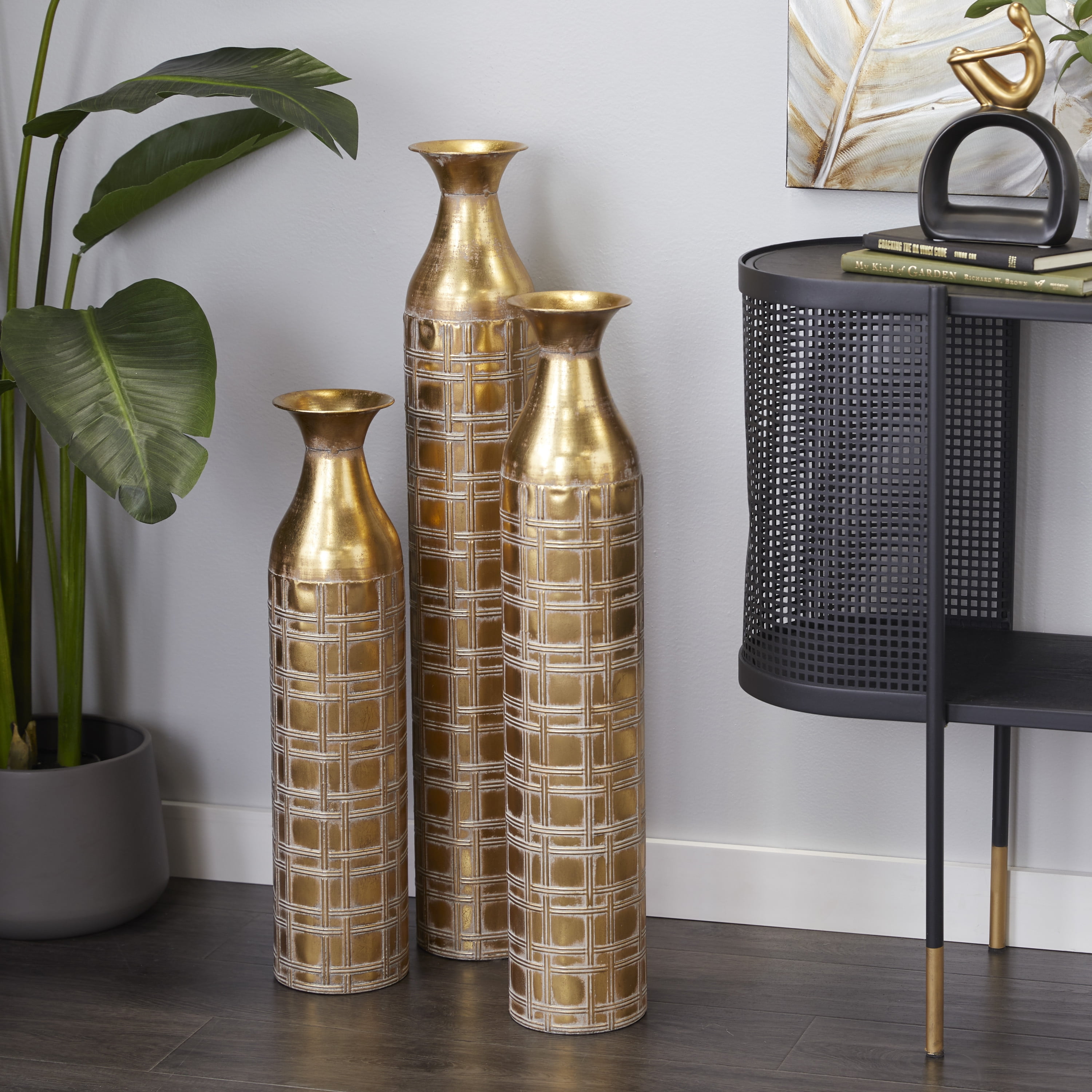 DecMode 35", 30", 25"H Tall Distressed Metallic Gold Metal Vase with ...