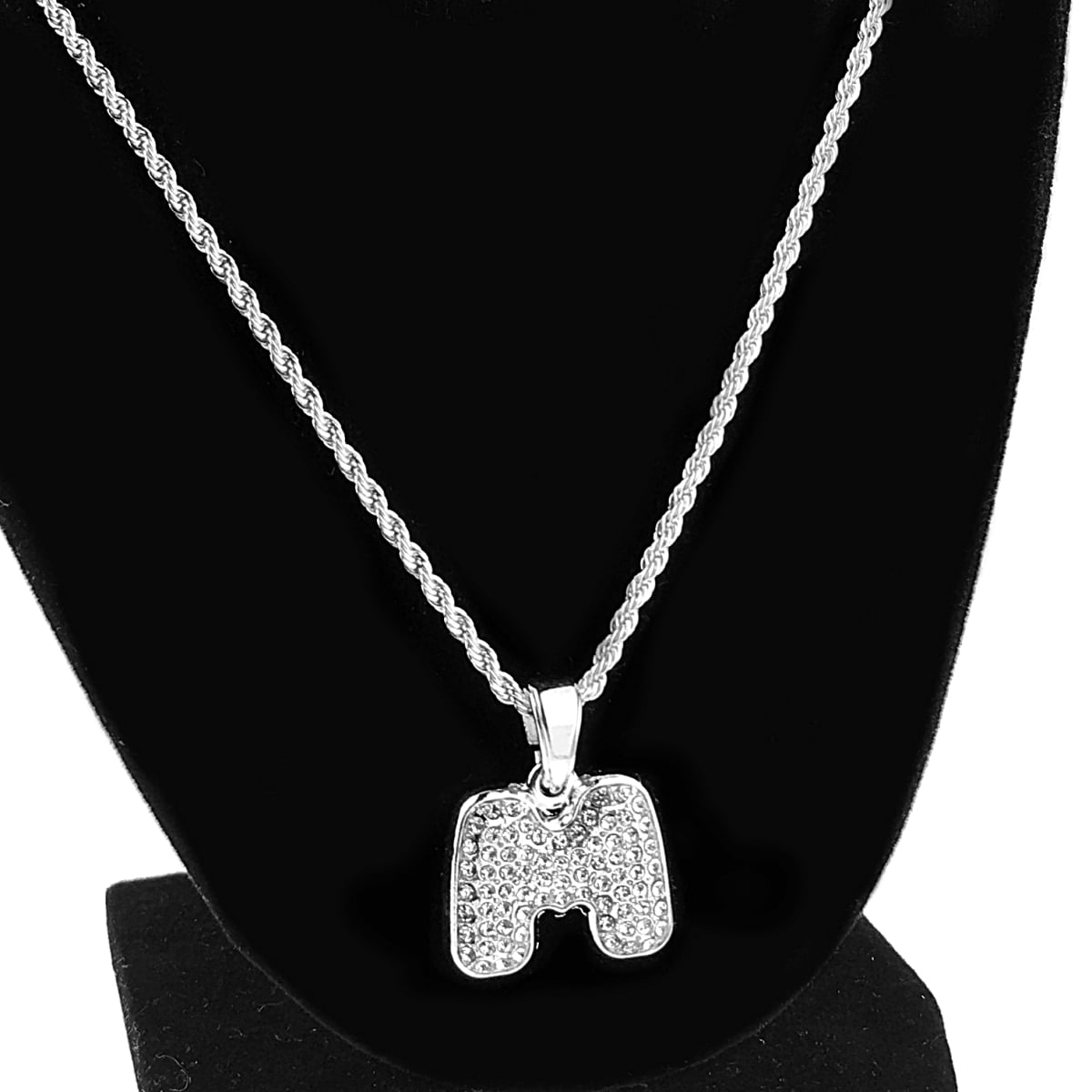 Micro Letter M Rope Chain Iced Initial Pendant Necklace 24" Inch Silver ...