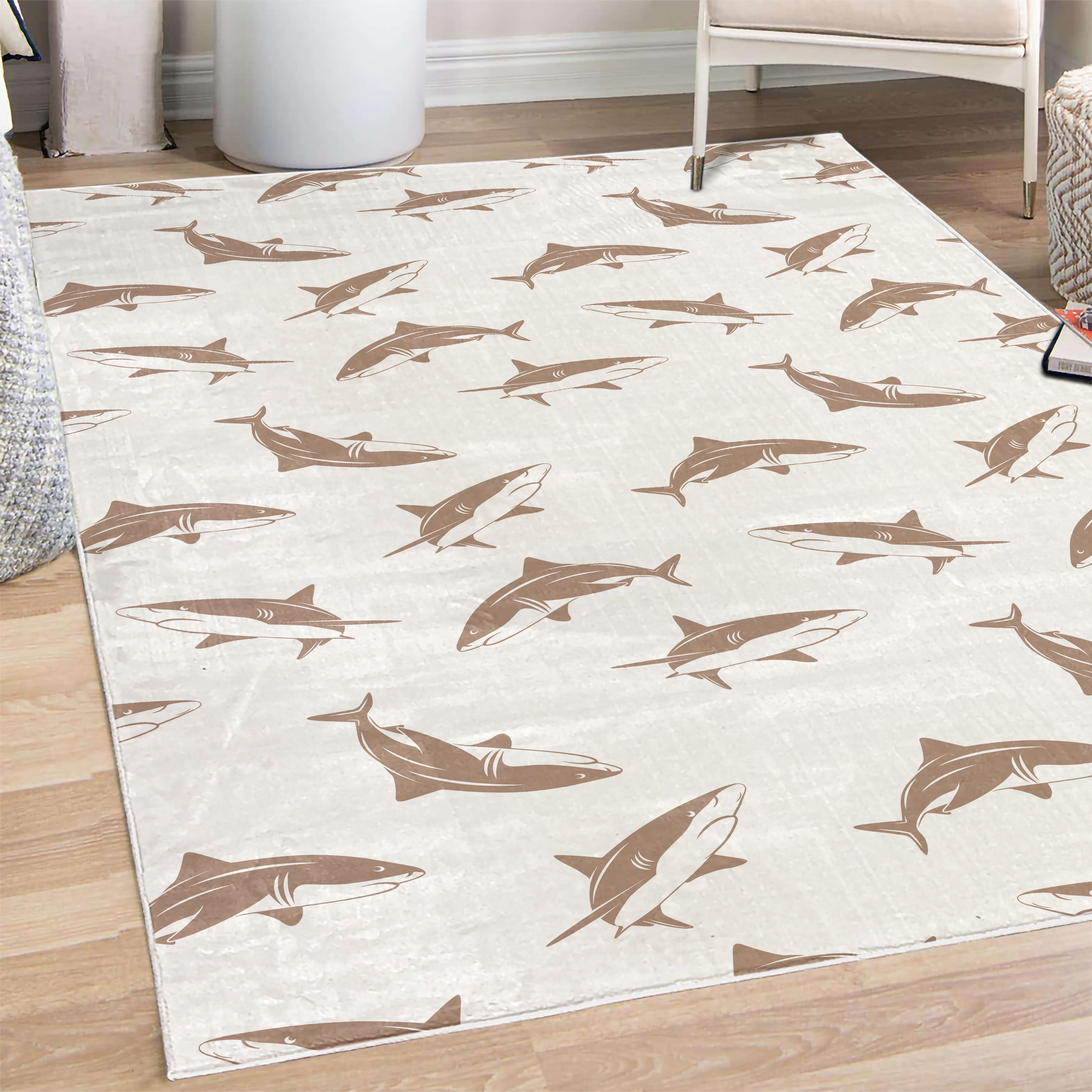 Sea Animals Decorative Rug, Repeated Cartoon Sharks Swimming to ...