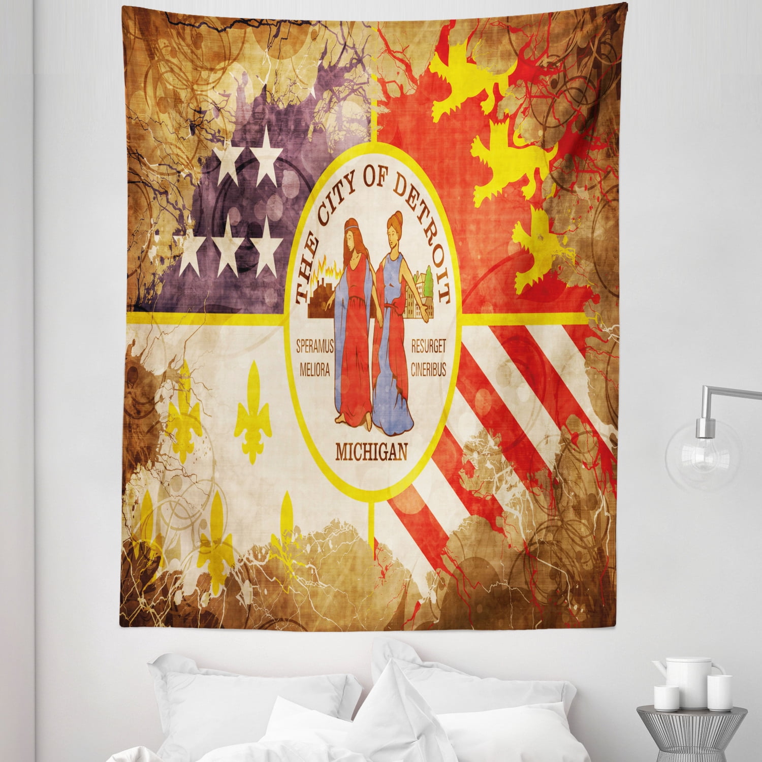 Detroit Tapestry, Antique Detroit Flag with Floral Swirls Grungy Look ...