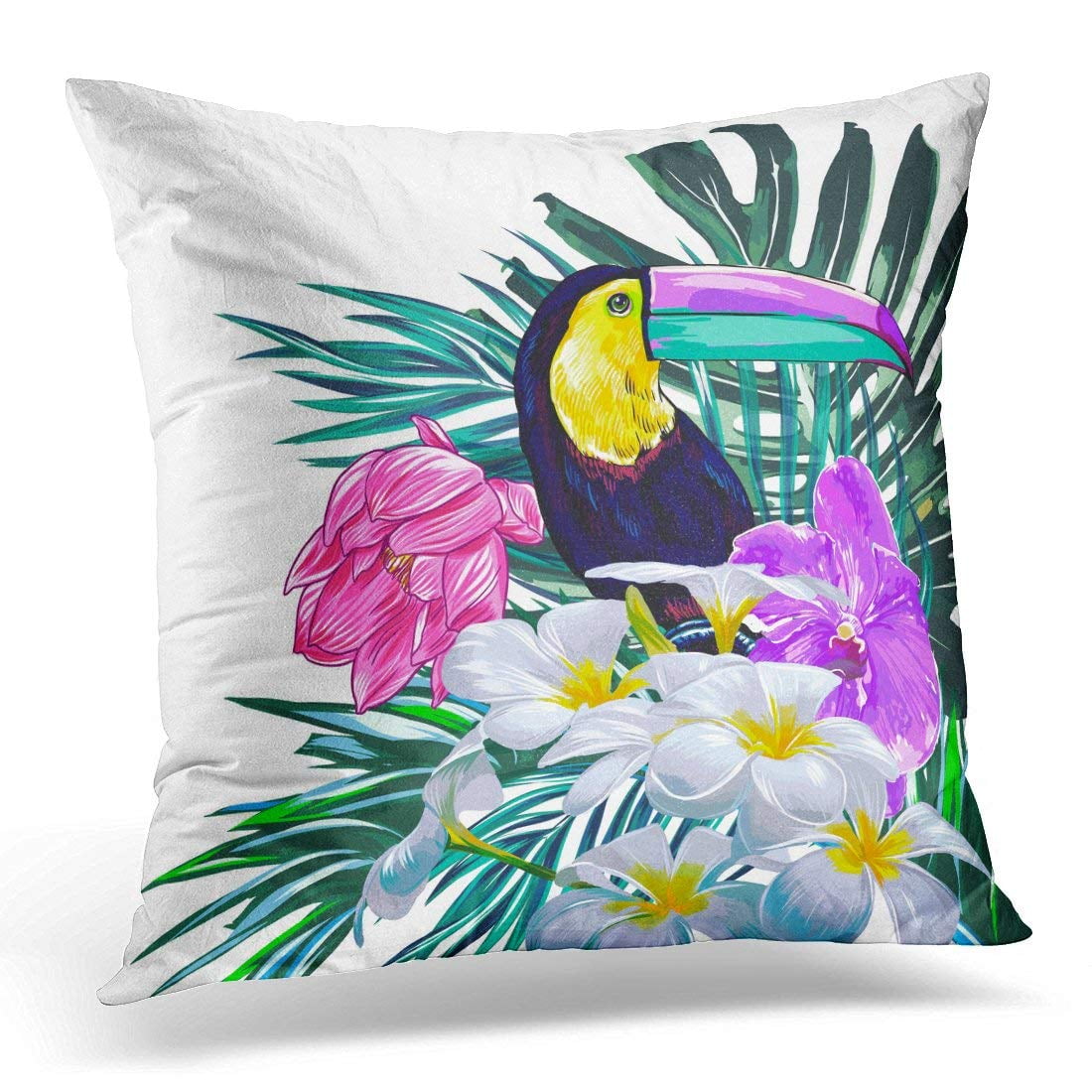 ARHOME Blue Toucan Exotic Bird Tropical Flowers Palm Leaves Orchid Pink ...