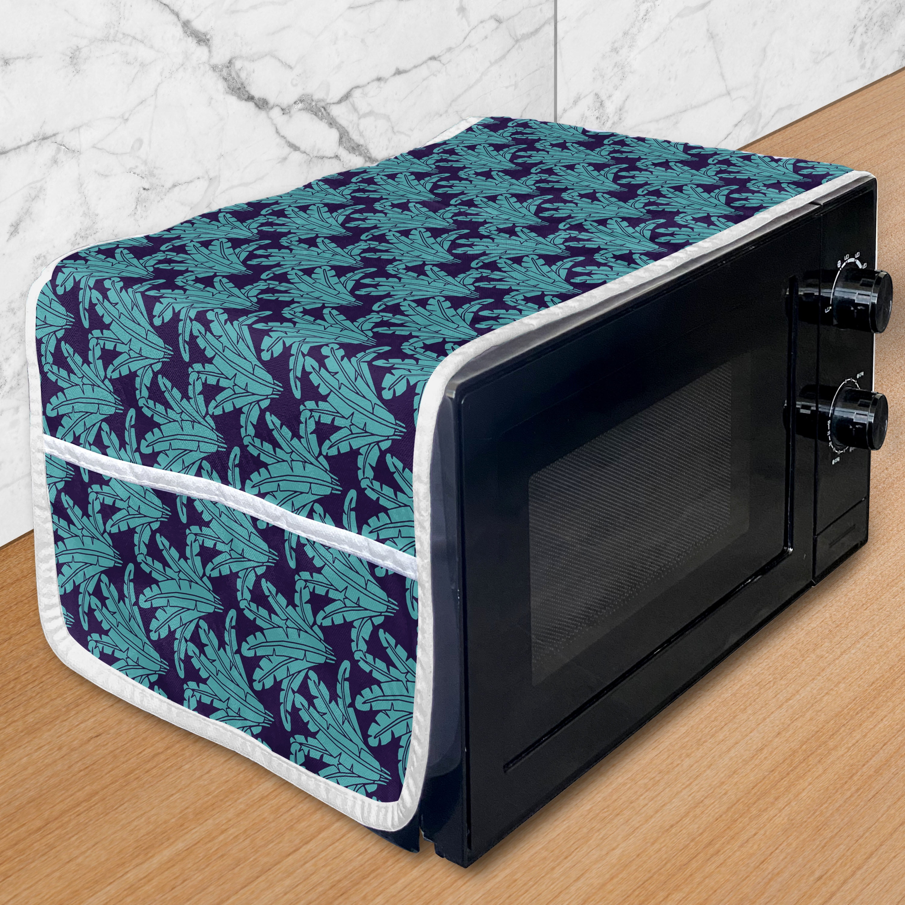 Navy Blue Microwave Oven Cover, Exotic Tropical Botanical Jungle Leaves ...
