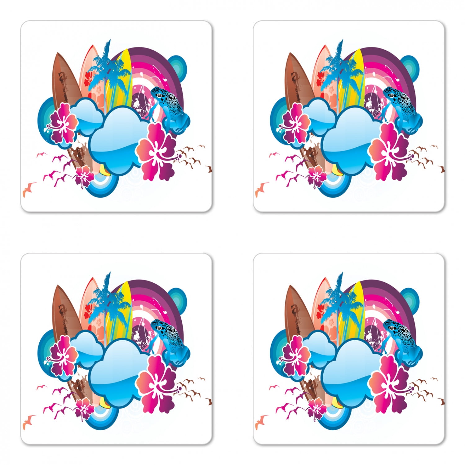 Summer Coaster Set of 4, Cartoon Print Season Hot Beach Vbes with ...