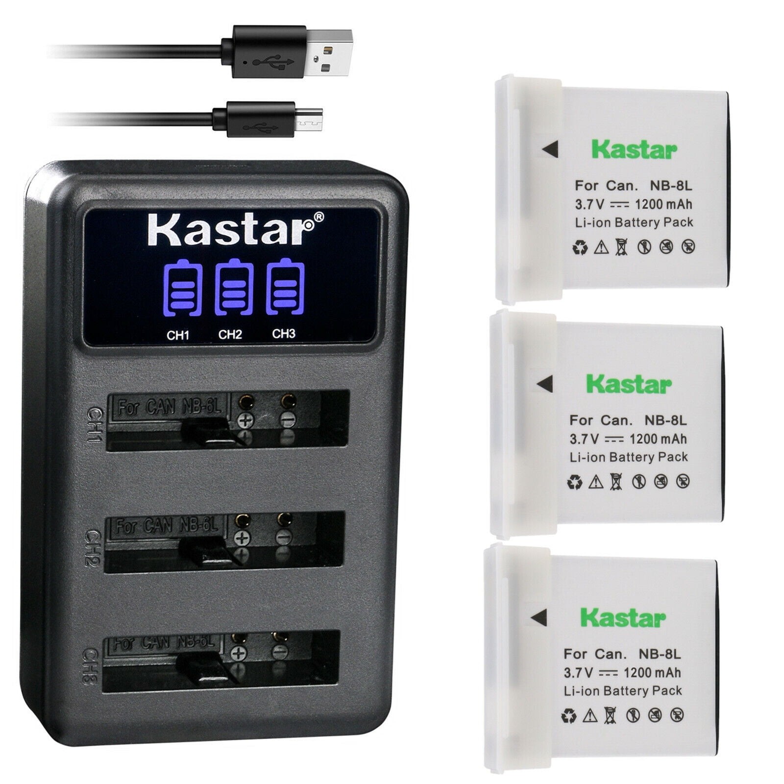 Kastar 3 Pack Battery and LCD Triple USB Charger Compatible with Canon NB-8L NB-8LH Battery ...