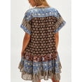Brown Boho Floral Patchwork Babydoll Mini Dress Deep V-Neck Puff Sleeve ...