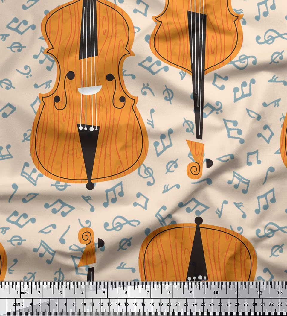 Soimoi White Heavy Satin Fabric Notes & Violin Musical Instrument ...