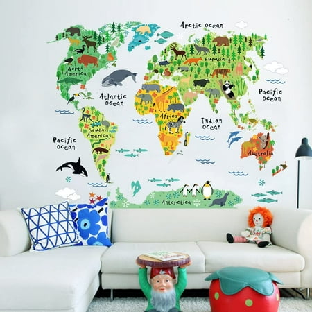 Murals World Map Country Cartoon Typical Animals Jungle Removable ...
