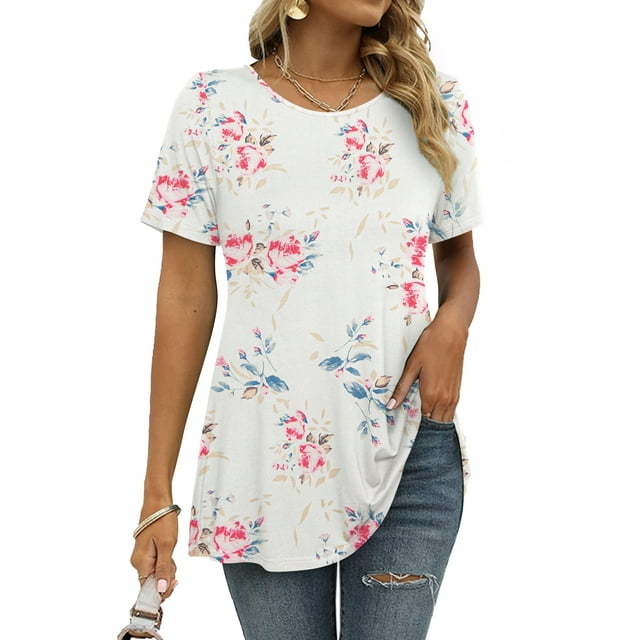 Ajesdani Women Plus Size Tops Summer Short Sleeve Round Neck Tunic