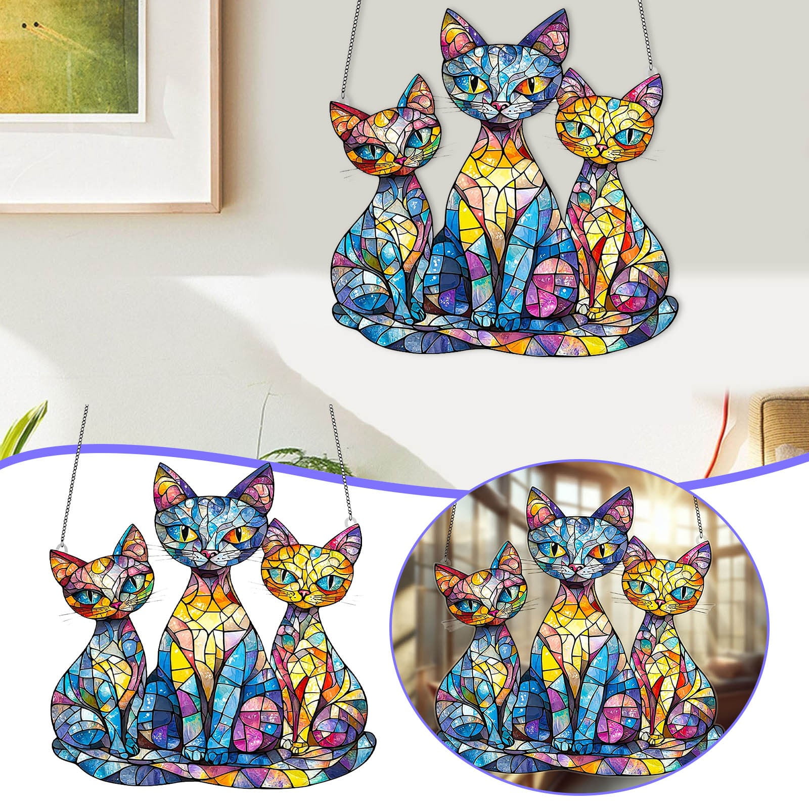 Colgante decorativo de acrílico con tres gatos de colores para ventanas ...