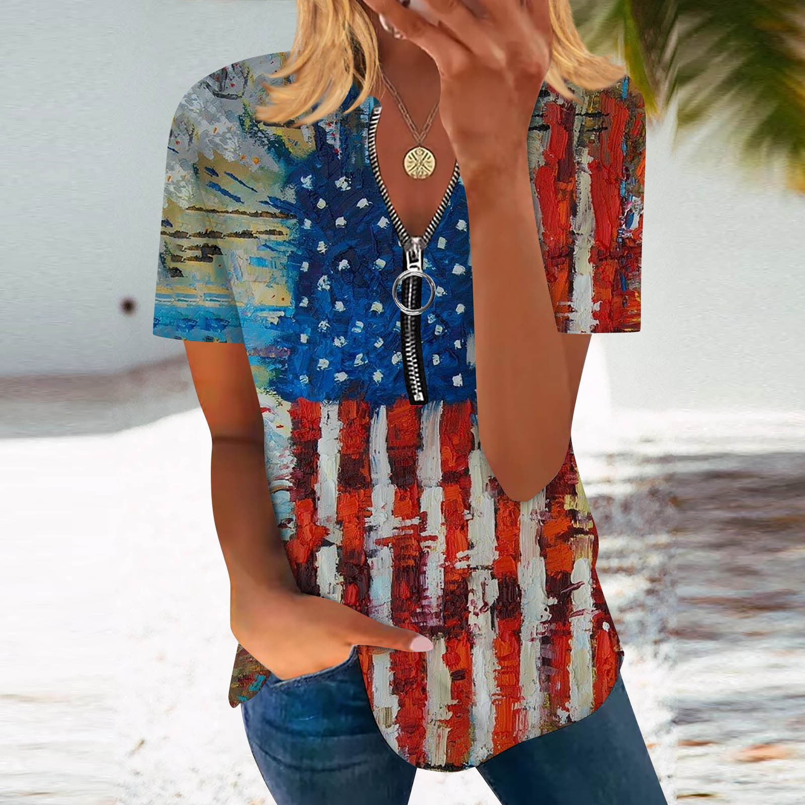 HIMIWAY Fourth of July Clothes Womens Tops Ladies Short Sleeve Zipper ...
