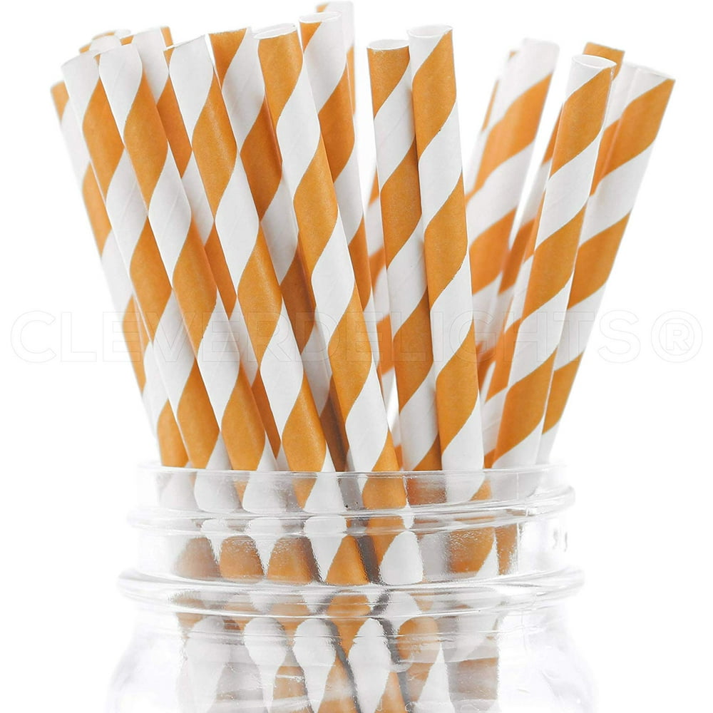 Biodegradable Paper Straws Orange Stripe Box Of 100