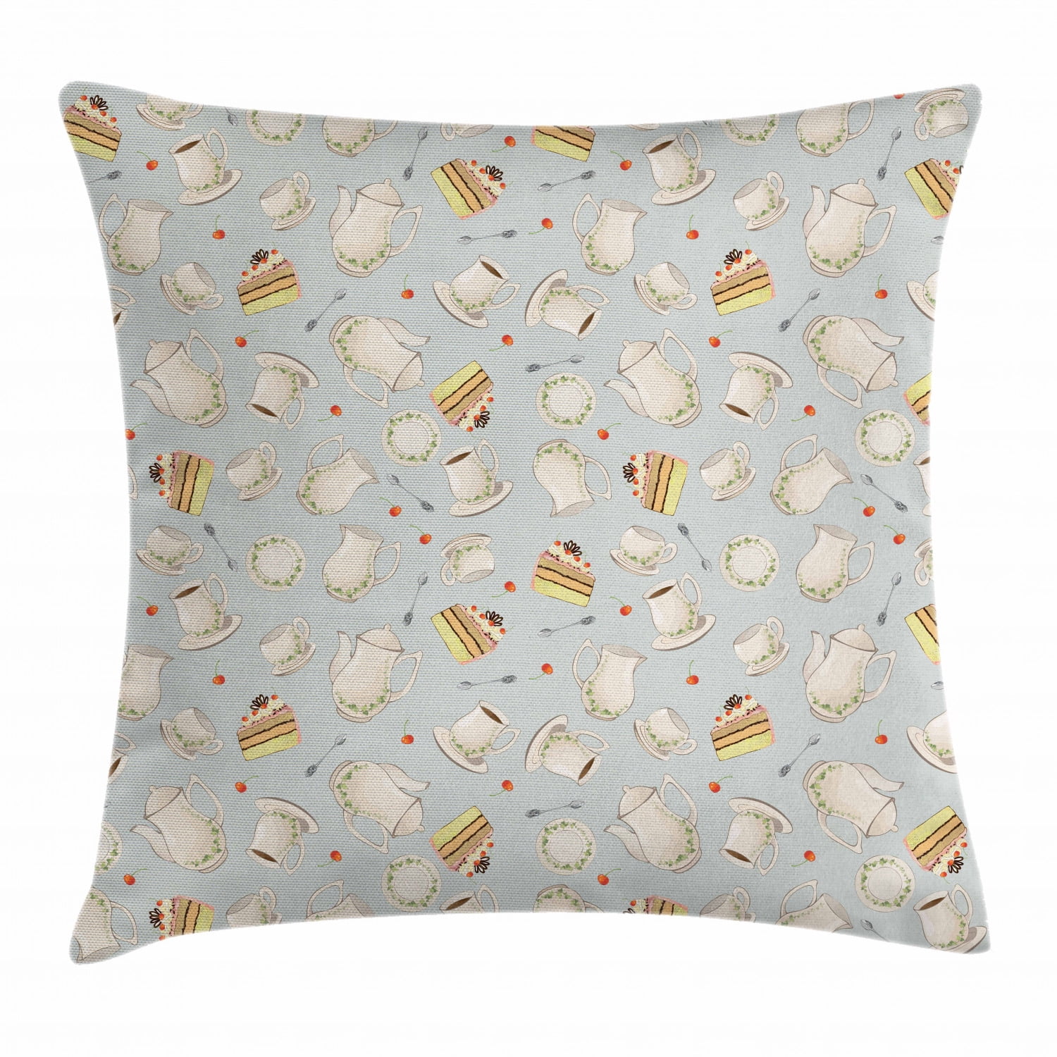 Tea Party Throw Pillow Cushion Cover, Coffee Pot Teapot Spoons Plates ...