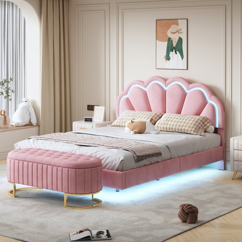 Queen Size Upholstered Smart LED Bed with Storage Ottoman, Floating ...