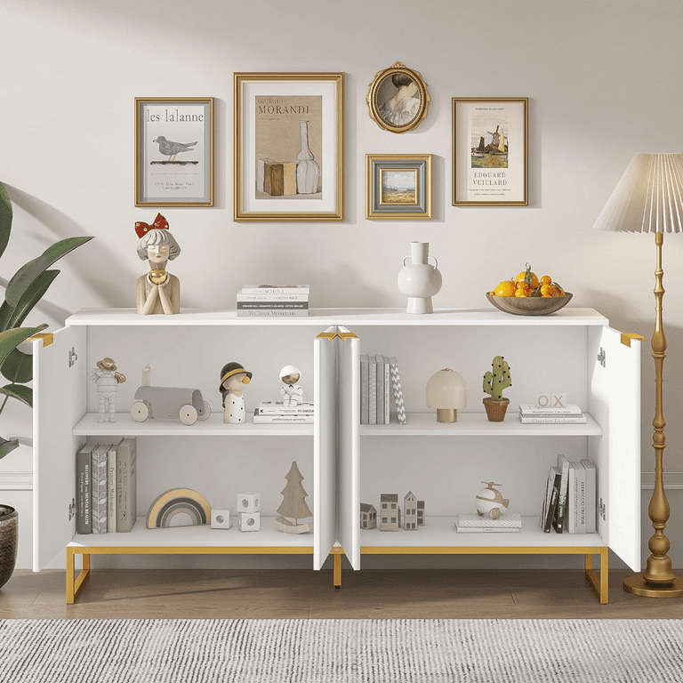 White Modern Buffet Cabinet with Adjustable Shelves Fluted Design for Dining Rooms