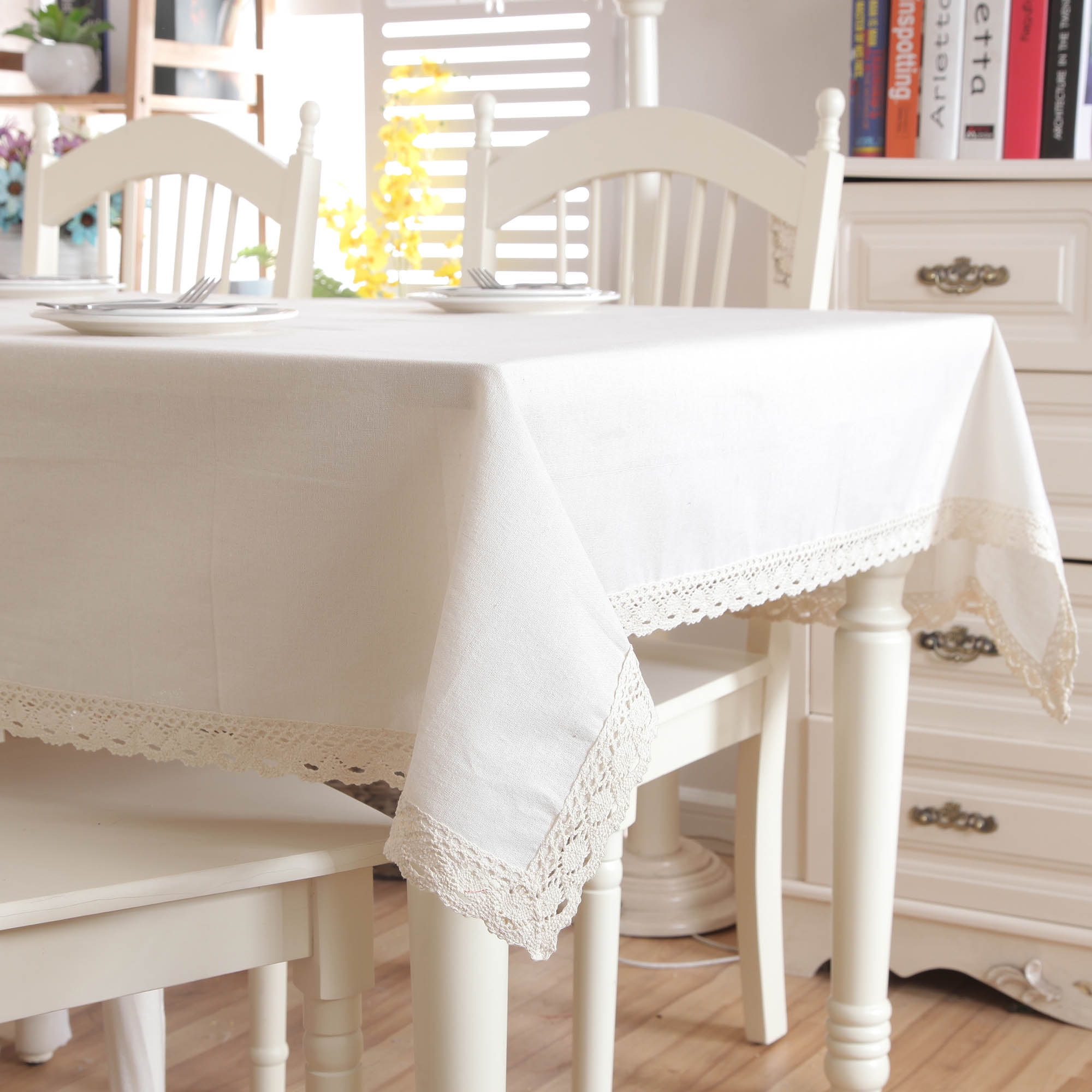 Hotian Solid Lace Trim Cotton Blend Decorative Tablecloth White for ...