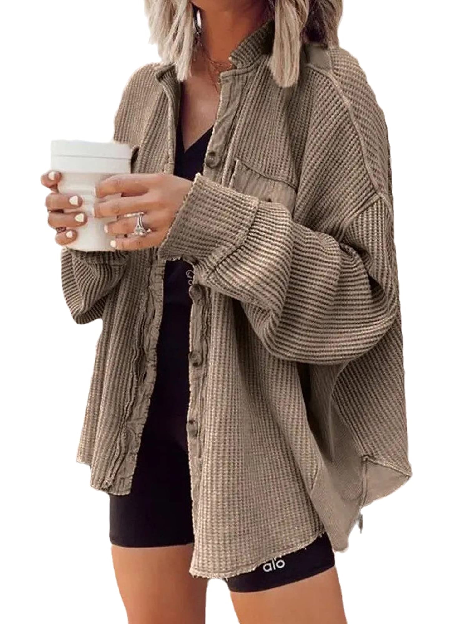 wsevypo Women Shacket Shirt Ladies Oversized Waffle Jacket Long Sleeve ...