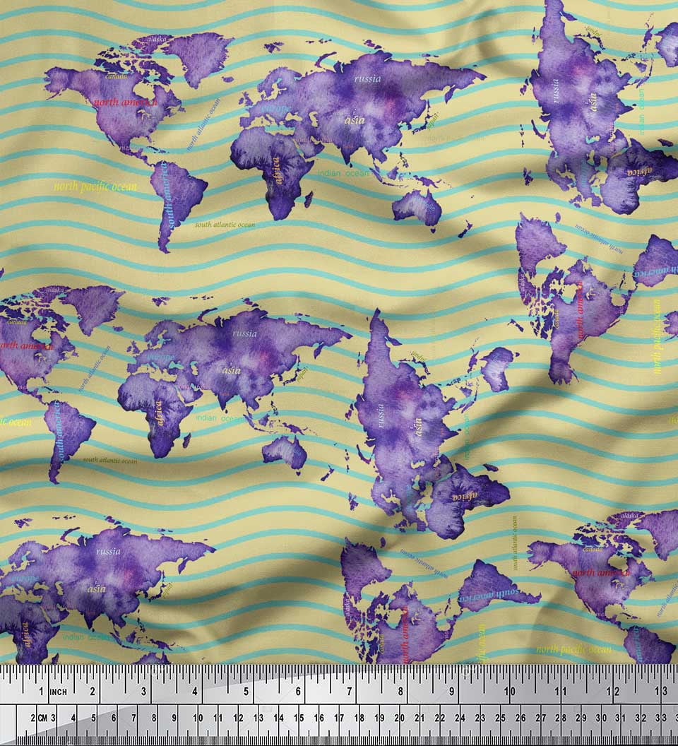 Soimoi Beige Rayon Crepe Fabric Waves & World Map Printed Fabric 1 Yard ...