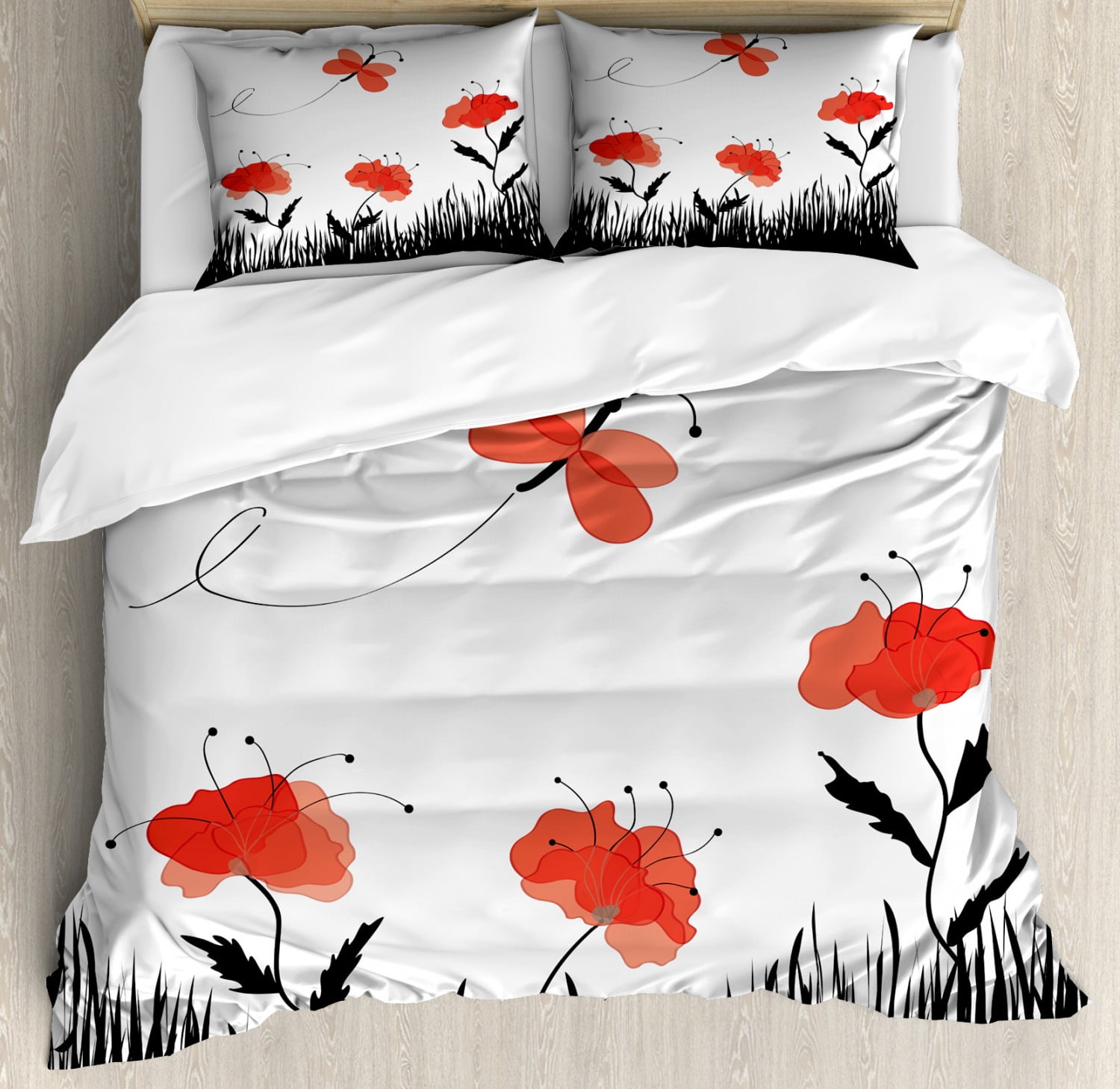 Poppy King Size Duvet Cover Set, Abstract Pastoral Landscape with Grass ...