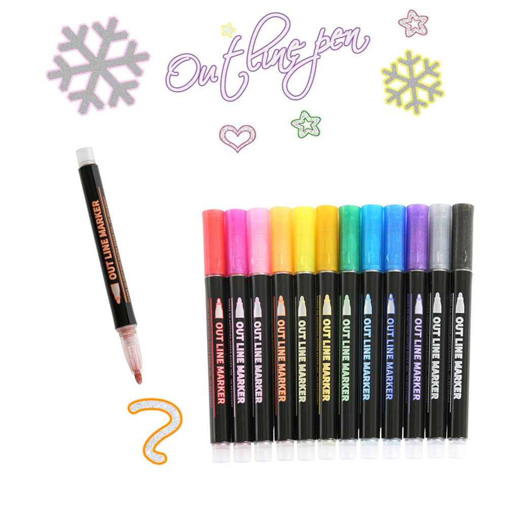 Double Line Outline Markers, 12 Colors Super Squiggles Metallic Markers ...