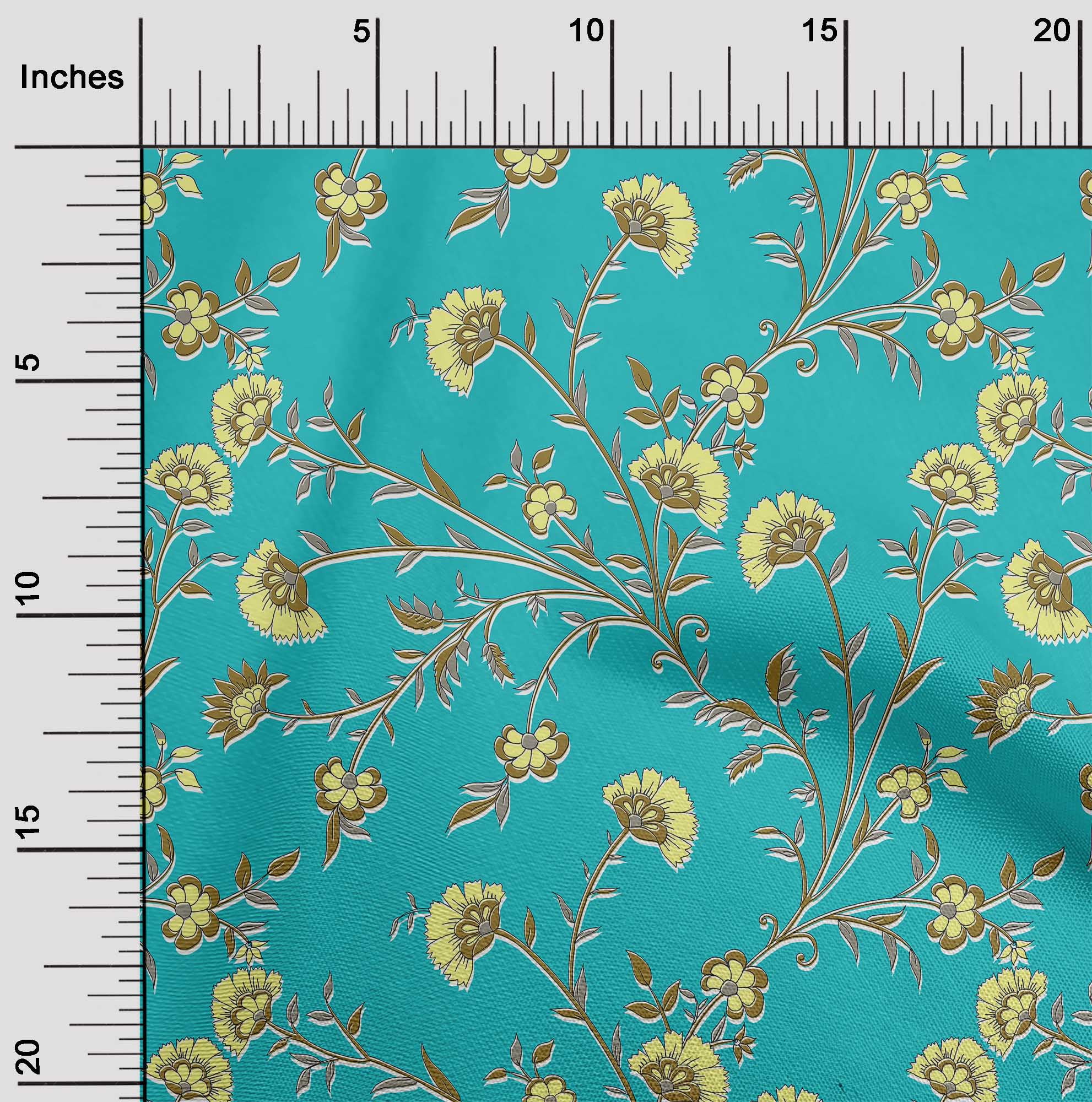 oneOone Cotton Cambric Turquoise Green Fabric Leaves & Flower Floral ...