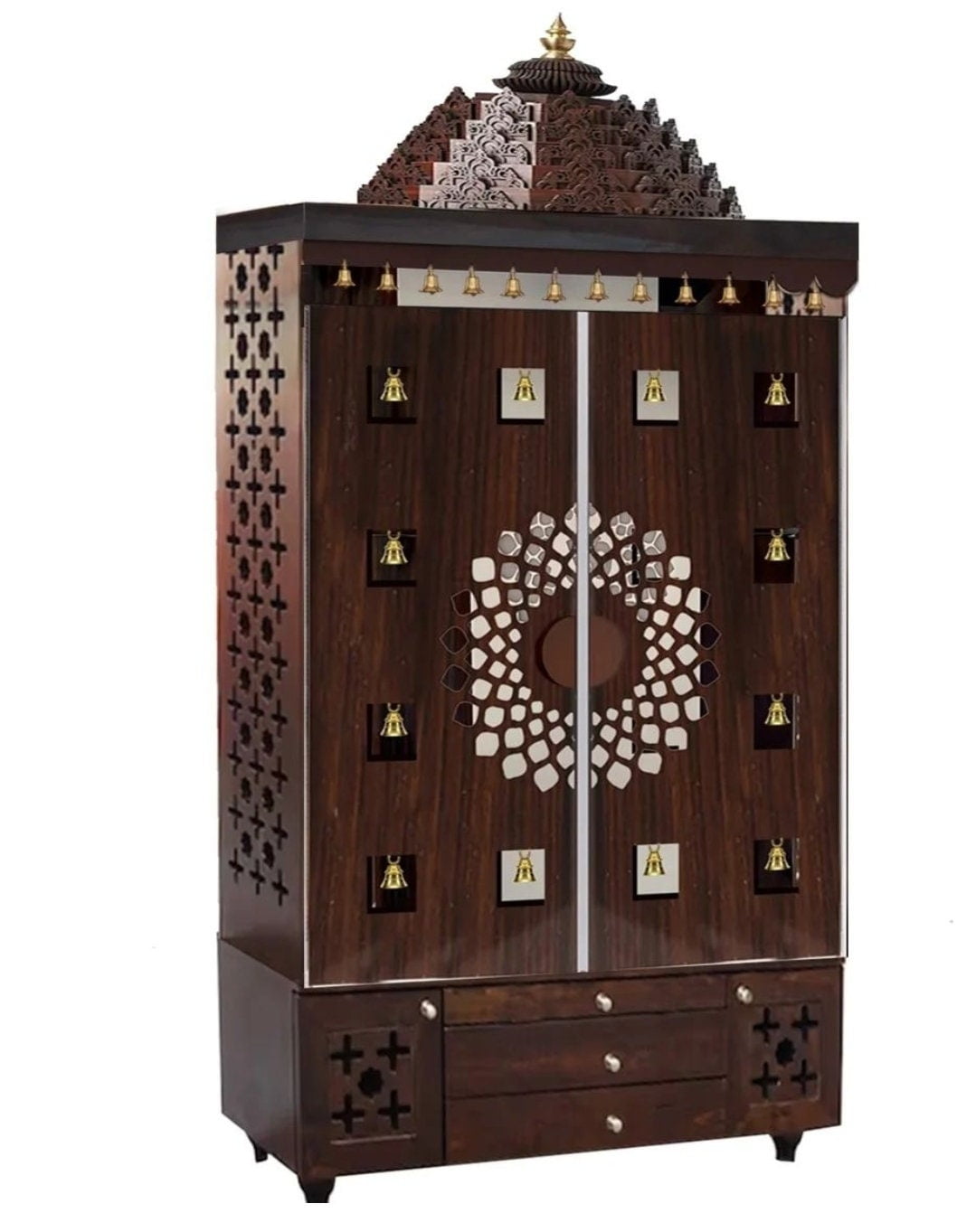Customized Wooden Desginer Mandir With Round Carved Tomb And LED Lights ...