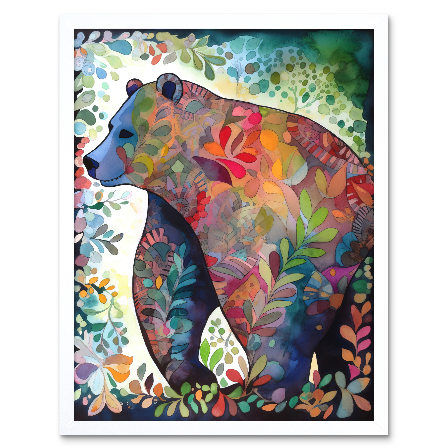 Grizzly Bear With Botanical Patterns Folk Art Watercolour Painting Art ...