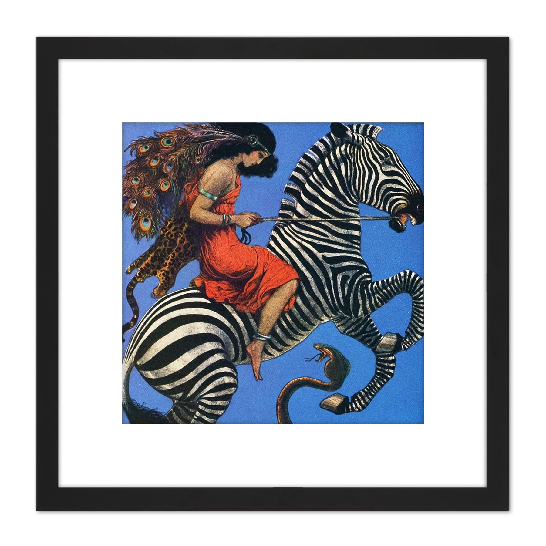 Benda Woman Riding Zebra Snake Painting 8X8 Inch Square Wooden Framed ...