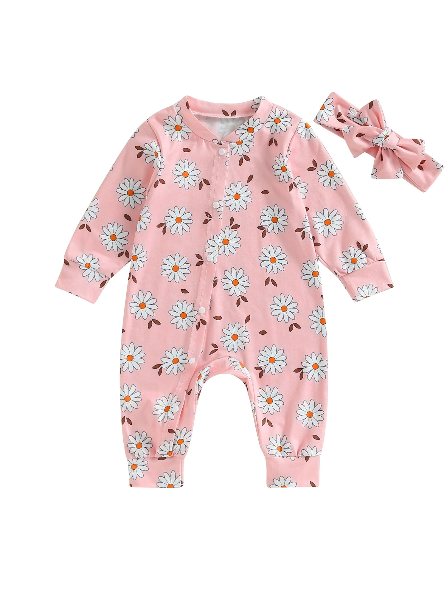 Shuttle tree Infant Girl Rompers Daisy Flower Print Crew Neck Long Sleeve Jumpsuits Newborn Fall ...