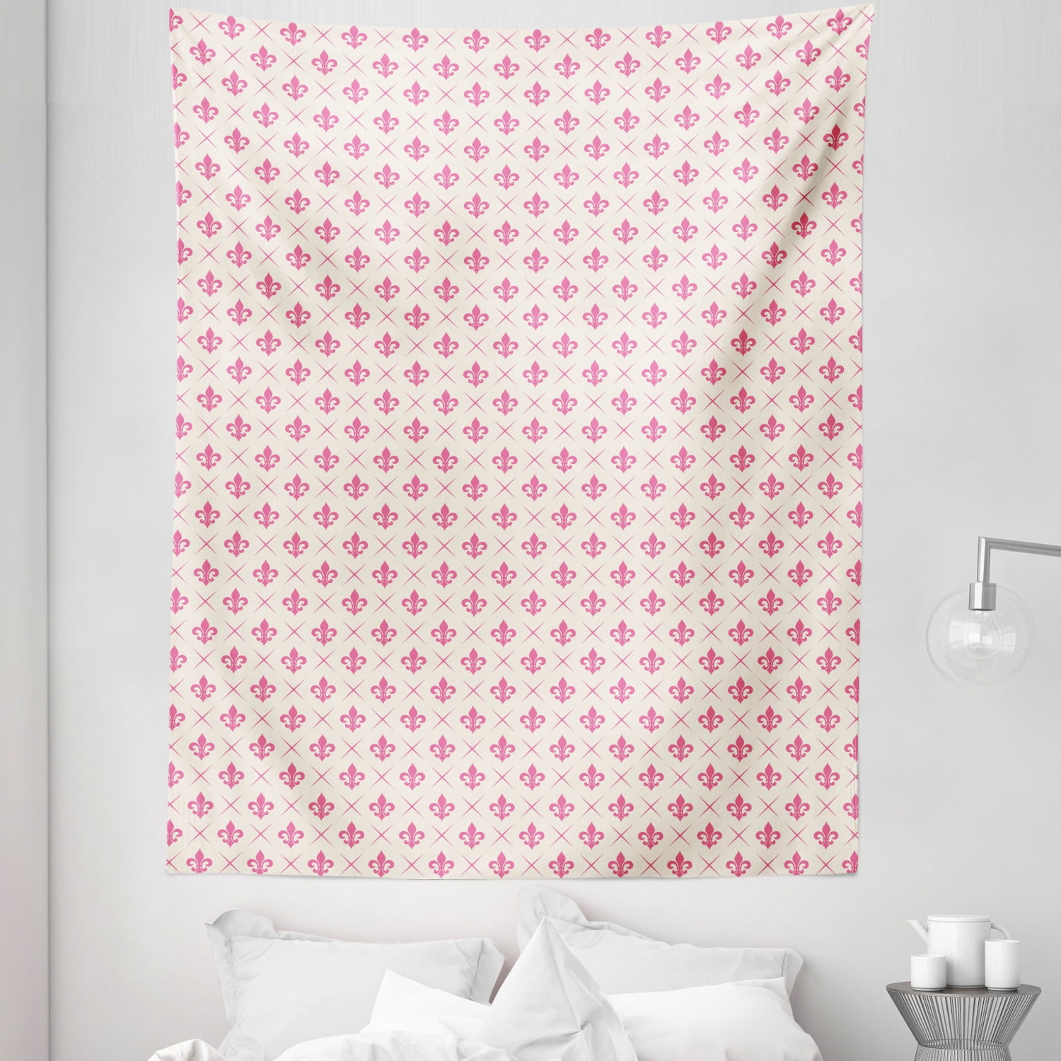 Fleur De Lis Tapestry, Pink Colored Lily Flower Motifs with Checkered ...