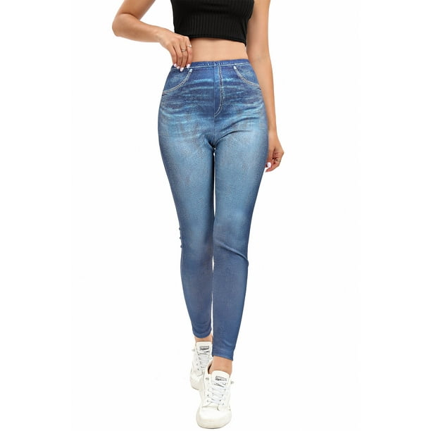 Sexy Dance Ladies Fake Jeans Tummy Control Leggings High Waist Faux ...