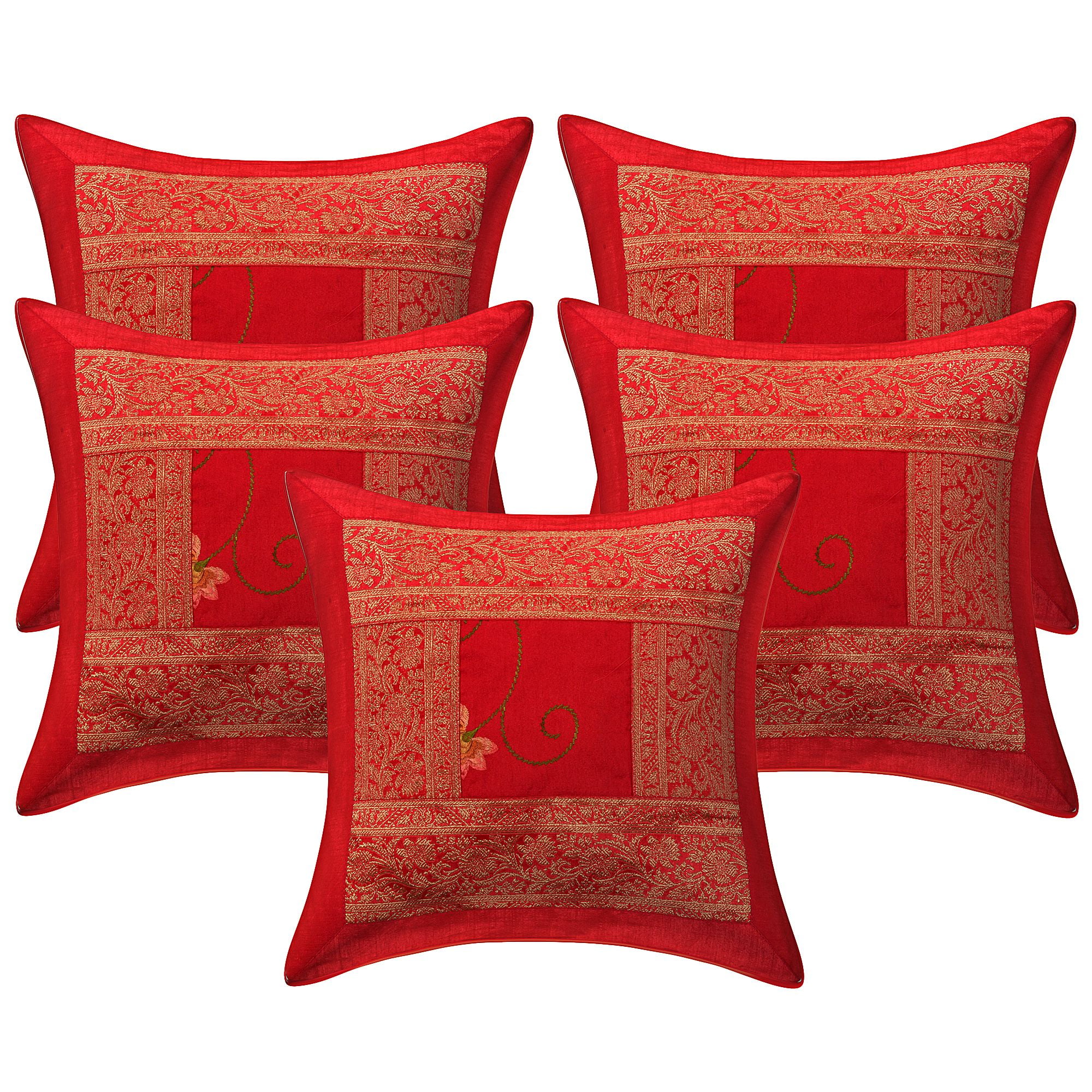 Stylo Culture Indian Settee Sofa Throw Pillow Covers Embroidered 16 x 16 Brocade Patchwork Red ...
