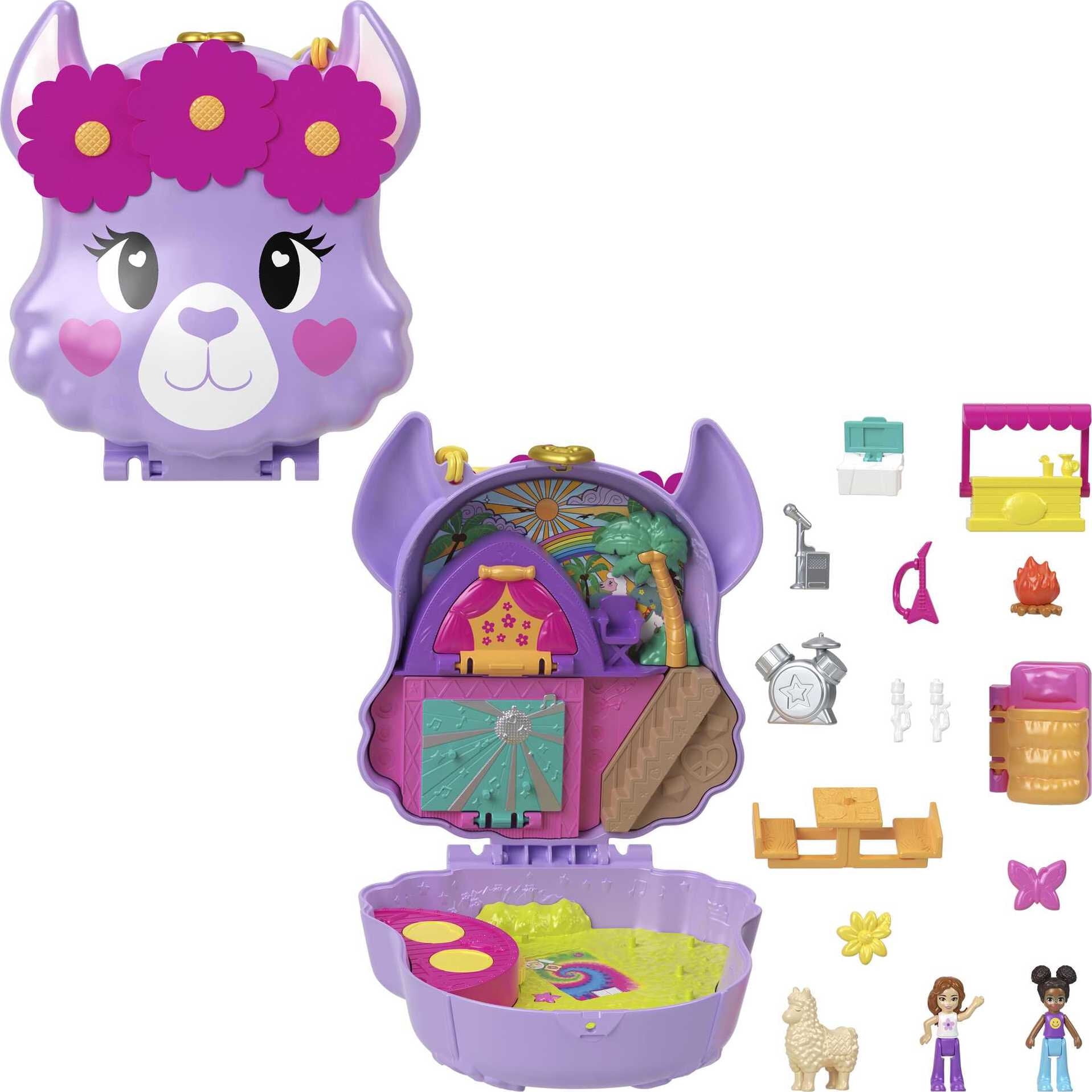 Polly Pocket Llama Camp Adventure Compact Playset with 2 Micro Dolls ...
