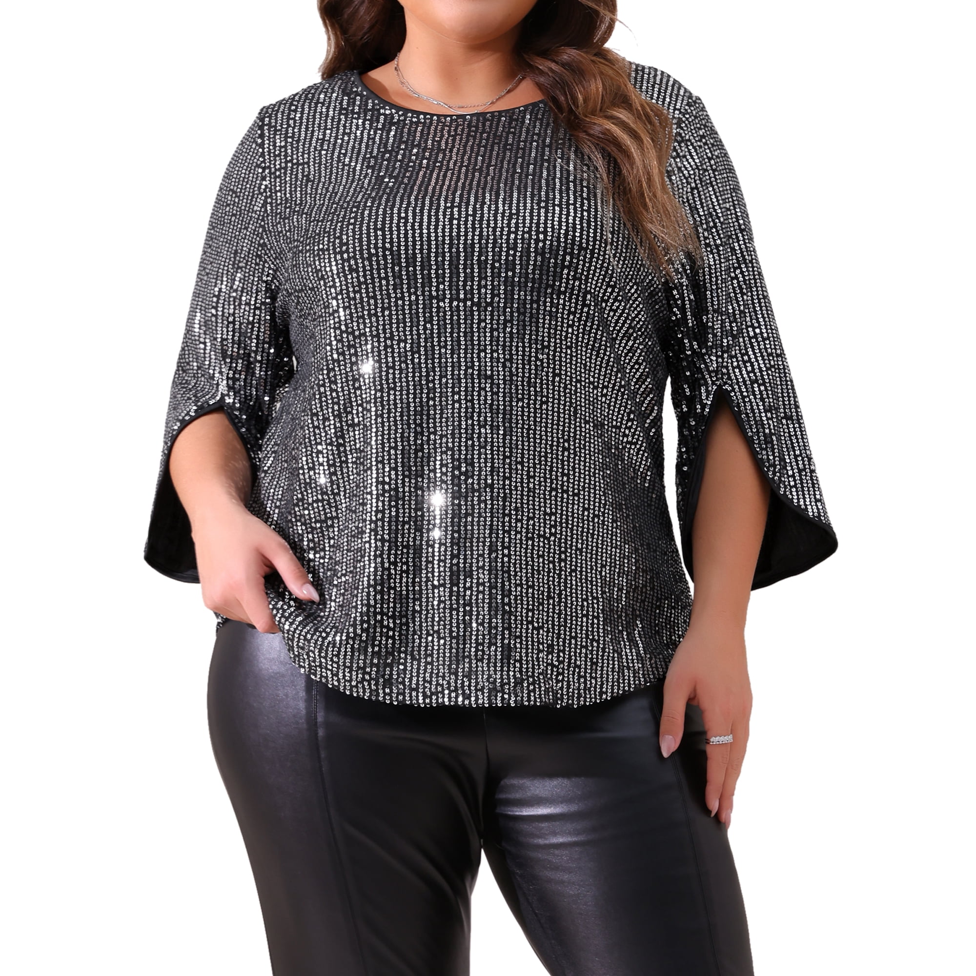 Click here for Agnes Orinda Womens Plus Size Tops Glitter 3/4 Sli... prices