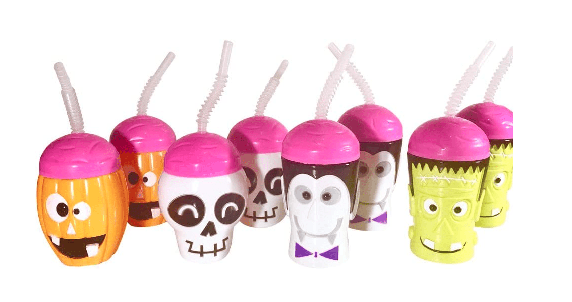 Kids Halloween Plastic Character Cups with Flexible Straws Party Pack ...
