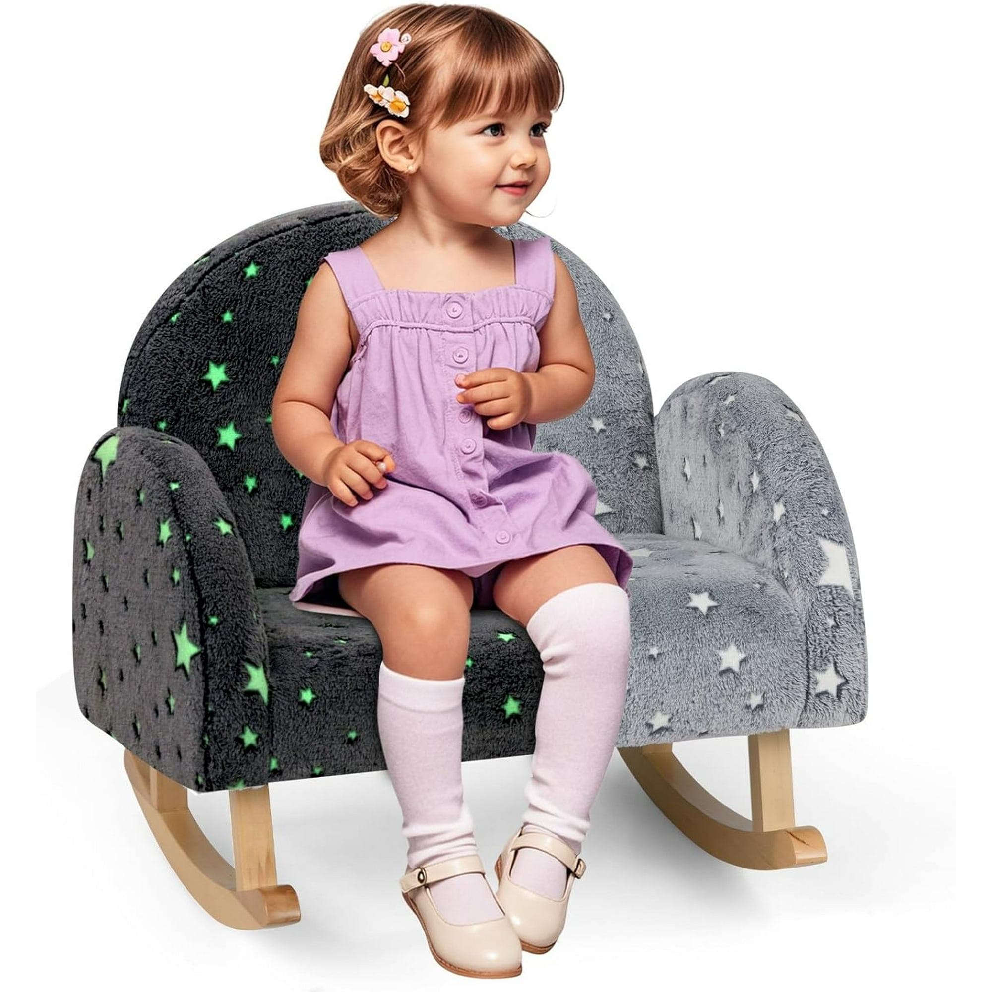 Olakids Kids Sofa With Glow In The Dark  Toddler Rocking Chair With Solid Wooden Frame Anti-Tipping  Upholstered Comfy Foam Children Chair For Kinderg