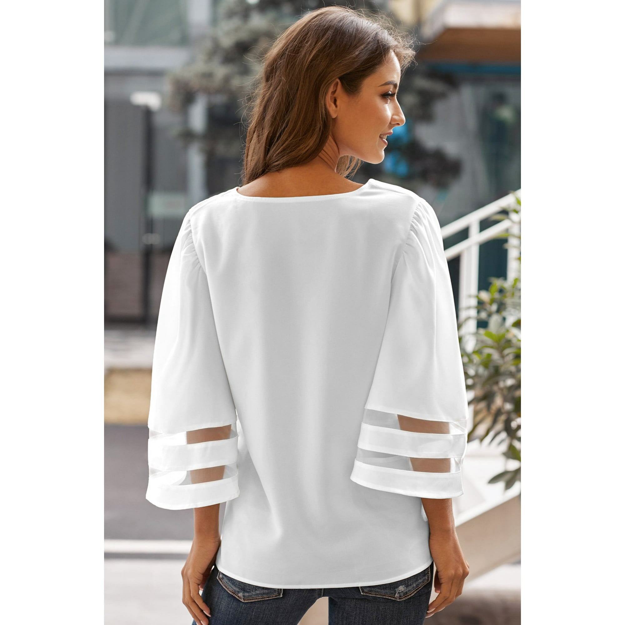 Click here for Poglip Womens White Flare Sleeve V Neck Loose Blou... prices