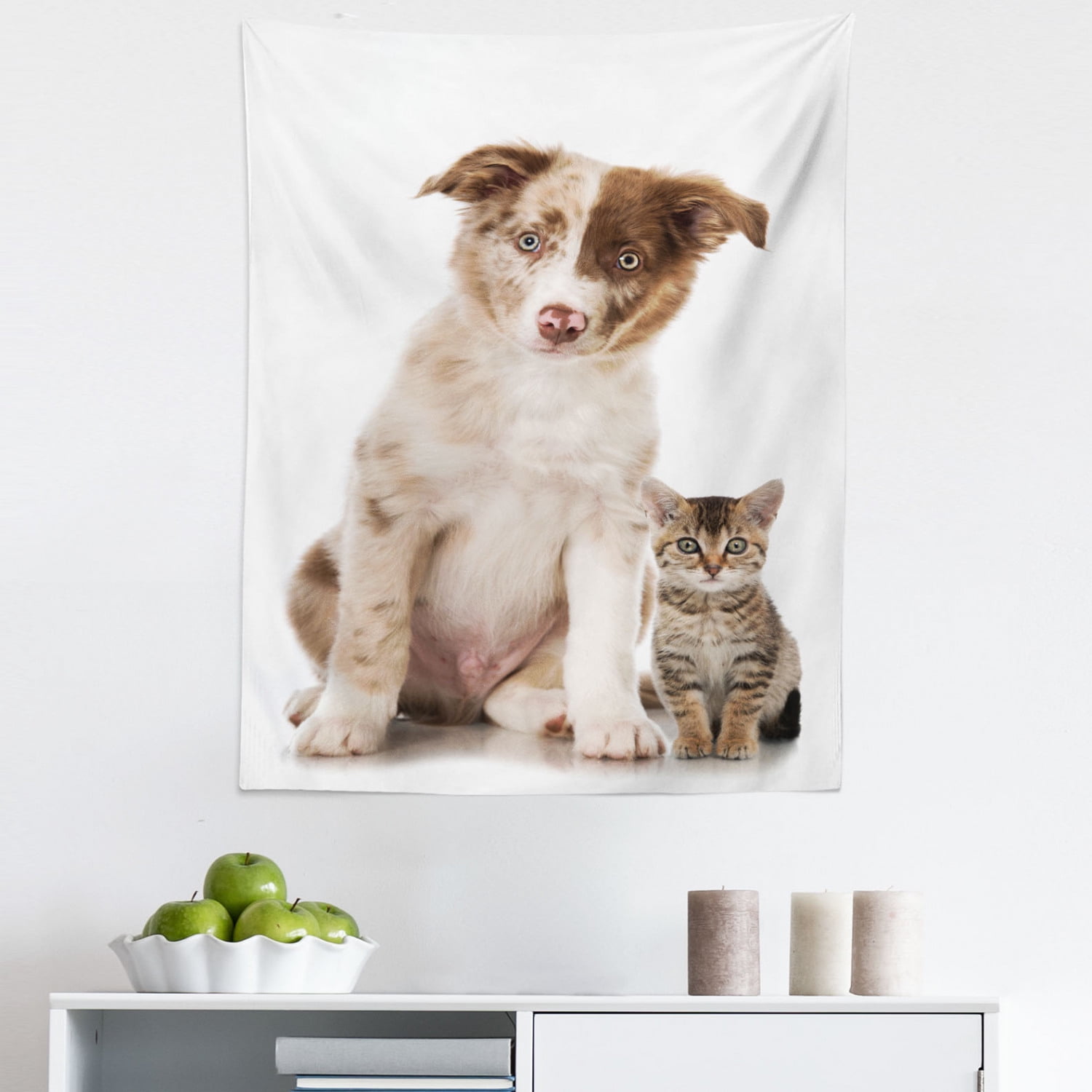 Dog and Cat Tapestry, Border Collie Puppy and a Mixed Breed Kitten ...
