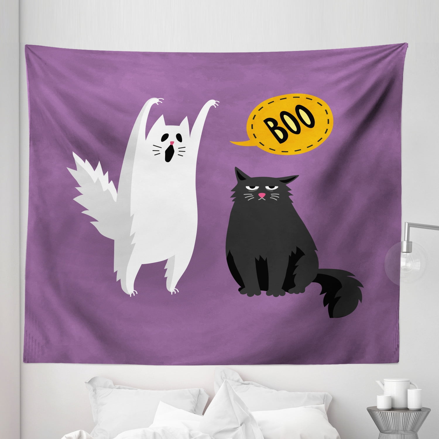 Halloween Tapestry, Funny Scene of Ghost White Cat Says Boo to Bored ...