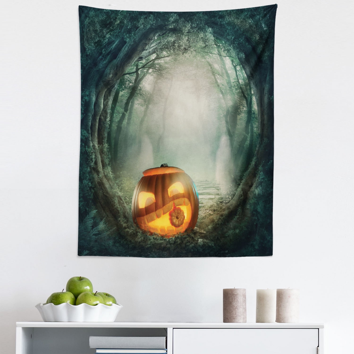 Halloween Tapestry, Drawing of Scary Halloween Pumpkin Enchanted Forest ...
