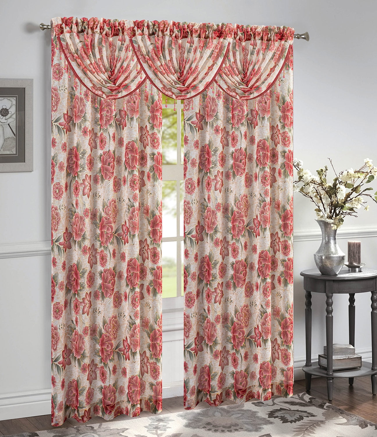 Gwen Dahlia Foil Sheer Rod Pocket Window Panel, Red, 52x84 Inches ...