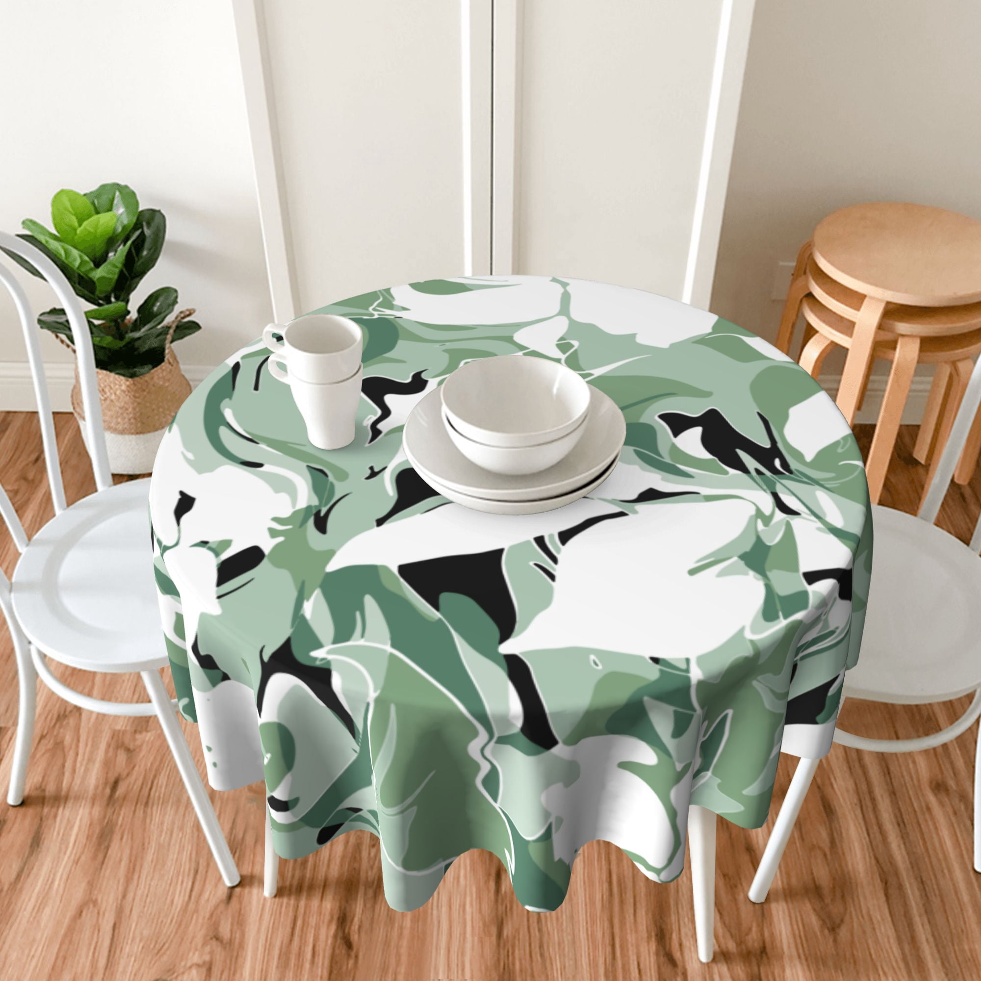 TEQUAN 60" Round Tablecloth, Gorgeous Green Flowers Pattern Washable ...