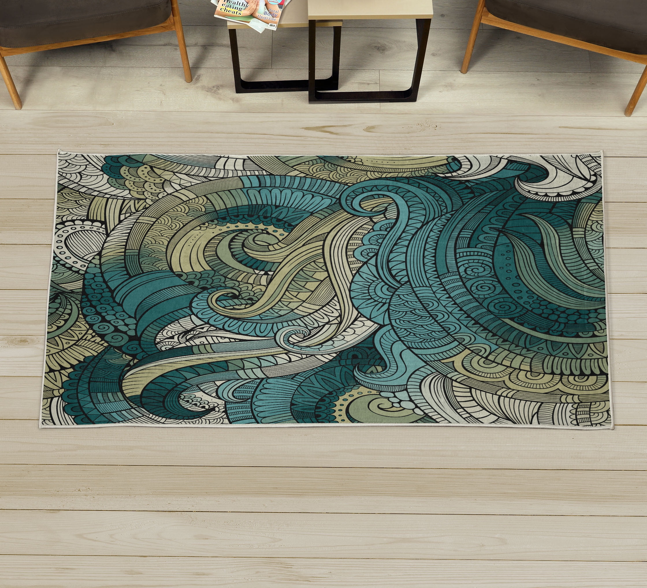 Abstract Decorative Rug, Ocean Inspired Graphic Paisley Pattern Swirled ...