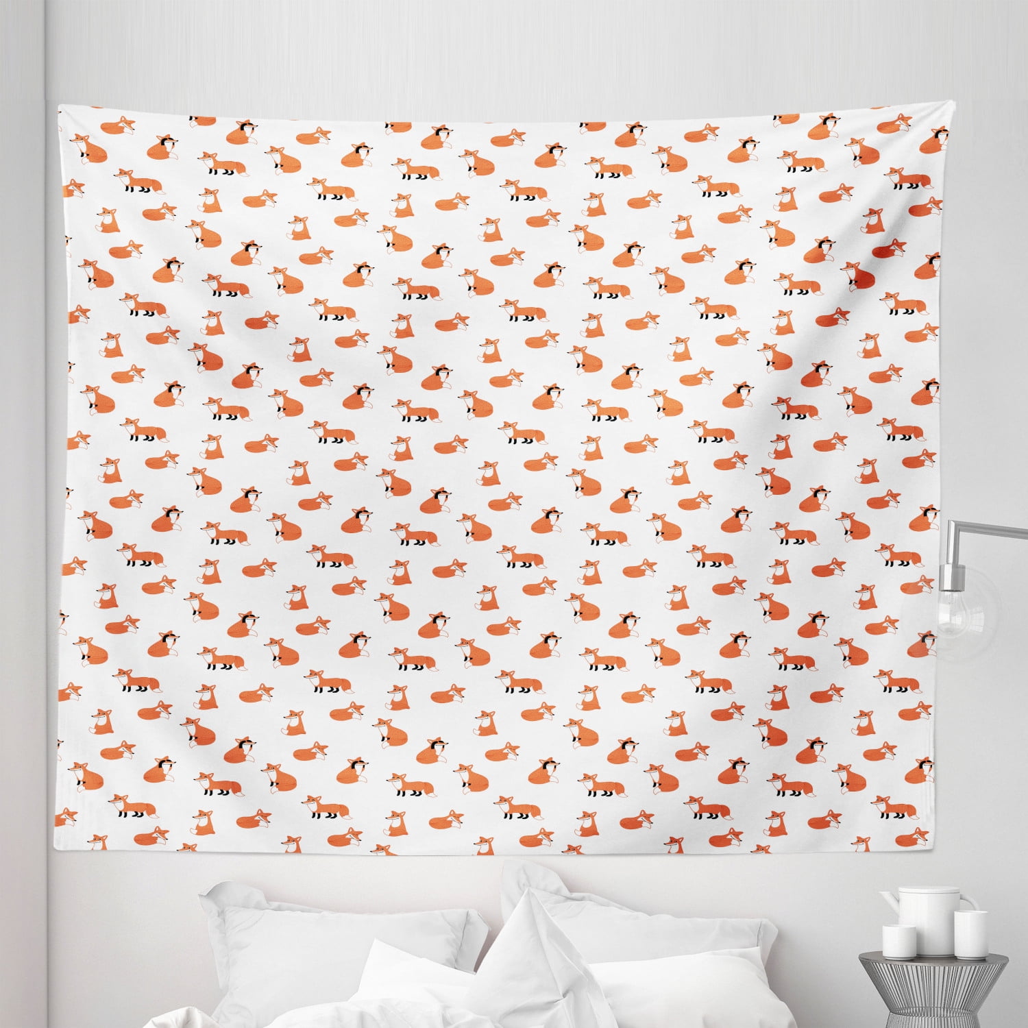 Fox Tapestry, Hand Drawn Funny Fox Playing Peekaboo Sleeping and ...