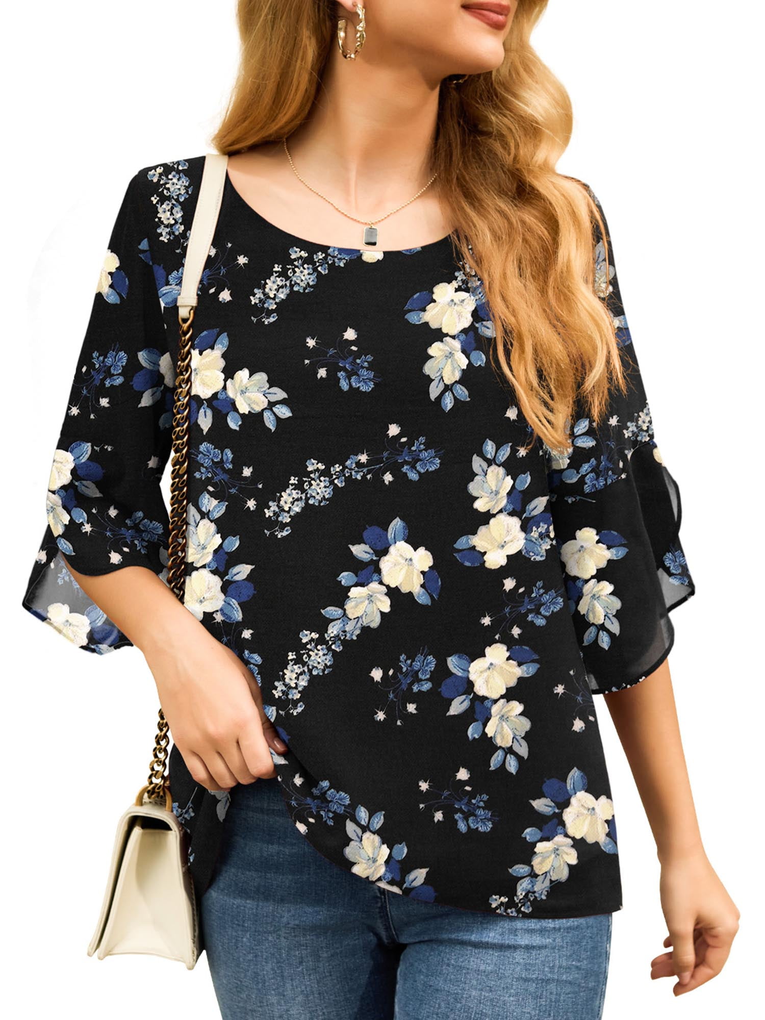 Anygrew Womens Casual Scoop Neck Dressy Blouses 3/4 Sleeve Business ...