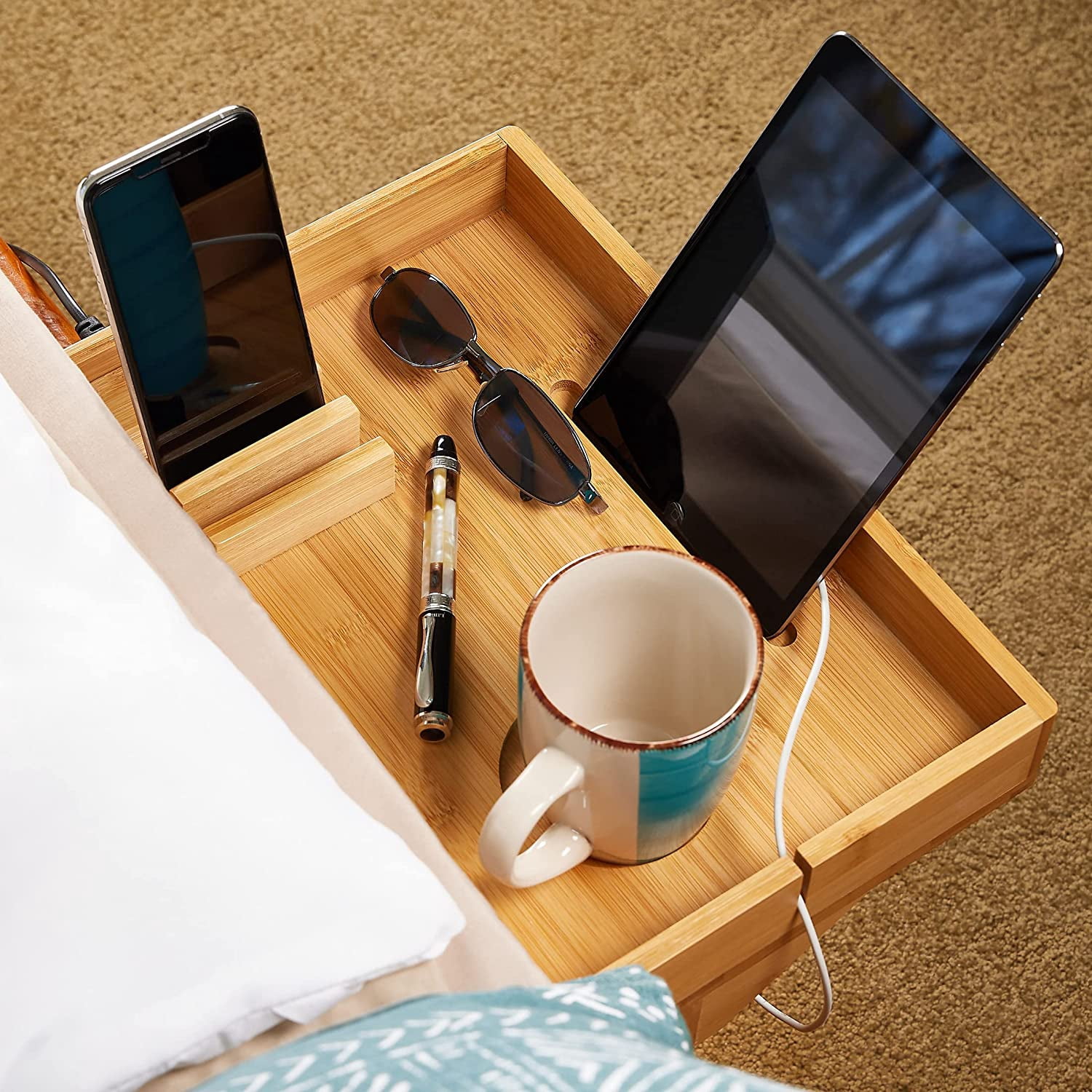 Bamboo Bedside Bed Shelf- With USB Ports To Charge Devices, Powder ...
