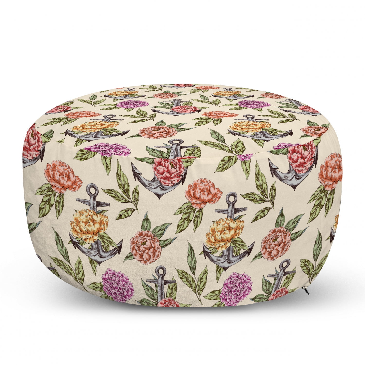 Flowers Pouf Cover with Zipper, Colorful Vintage Peonies Anchors and ...