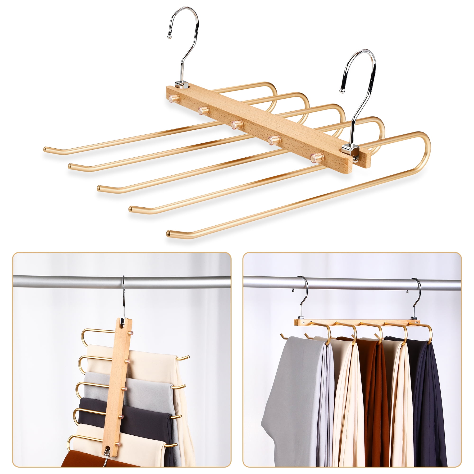 Pants hangers, Space Saving Hangers, Golden, 1 Pack Wooden & Aluminium ...