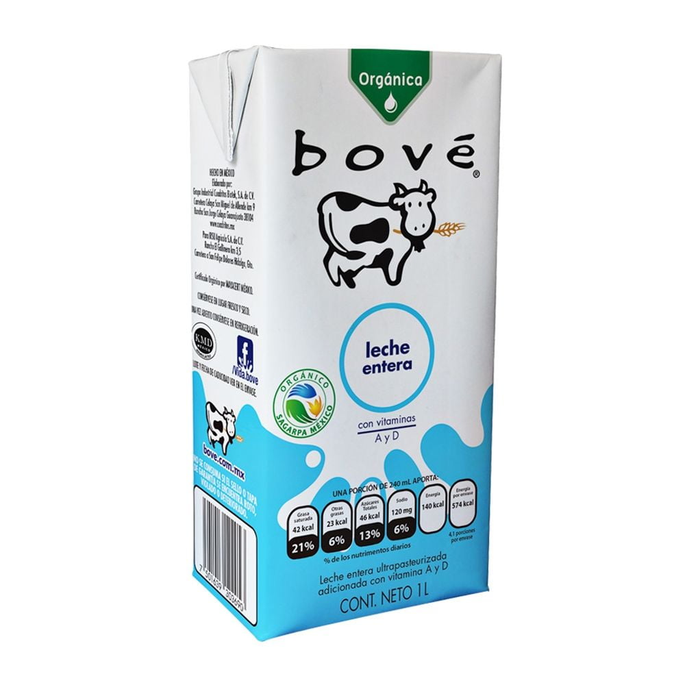 Leche Entera Orgánica Bové 12 Piezas De 1 Litro Bové Caja de 12 piezas ...