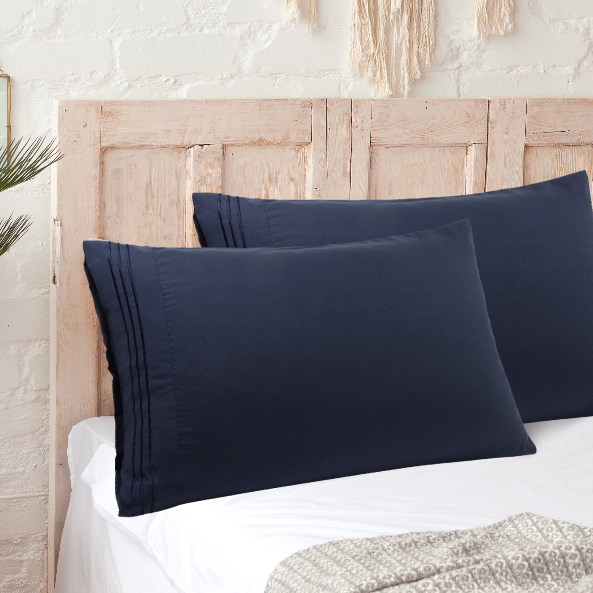 PiccoCasa 2Pcs Microfiber Embroidery Pillowcases Zipper Navy Queen ...